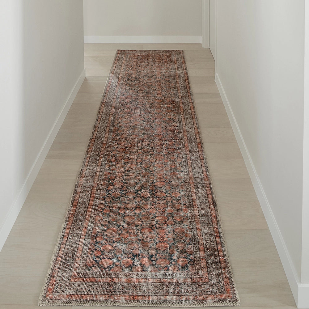 Vincent Terracotta Runners Traditional Faded Flower Pattern Carpet ...