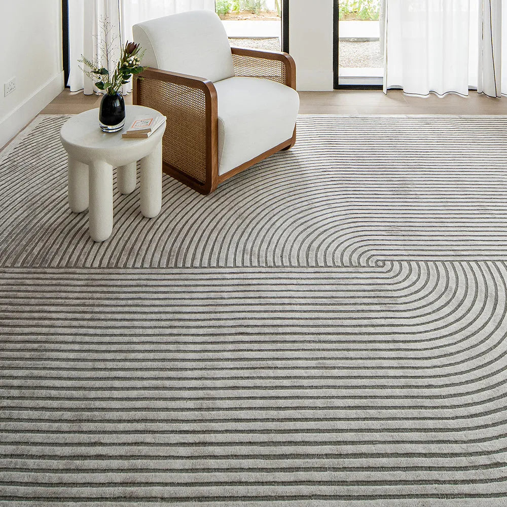 Maze Ashton - Silver-Grey Curved & Straight Line Pattern Carpet | Knot Home