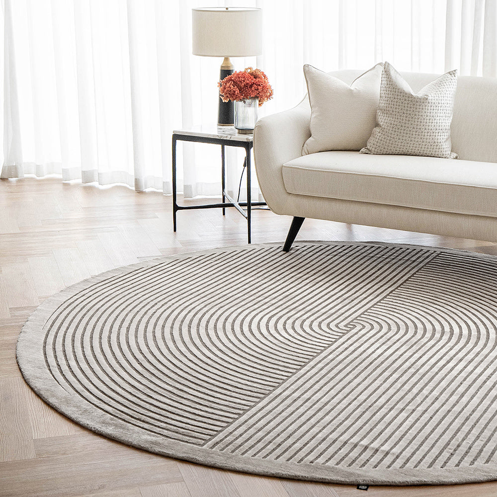 Maze Ashton Rounds - Curved & Straight Line Silver-Grey Carpet | Knot Home